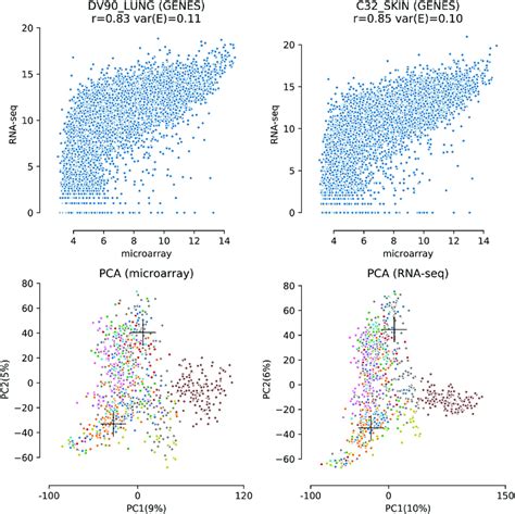Top Two Scatterplots Of Samples From The Ccle Datasets After Log2 Download Scientific Diagram