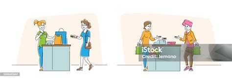 쇼핑 레크리에이션 소녀 판매 및 할인 세트 매장에서 물건을 구입하고 선물을 구매 하는 행복 한 여성 캐릭터 상점에서 소비주의와 가격 오프 프로모션 만화 평면 벡터 일러스트