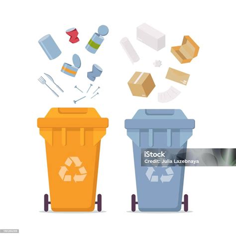 금속용 노란색 재활용 쓰레기통 용지 세트용 파란색 배너 전단지 폐기물의 분리는 재활용 재사용 감소에 사용할 수 있습니다 올바른 쓰레기통에 유리와 금속을 버리 폐기물 감소 0