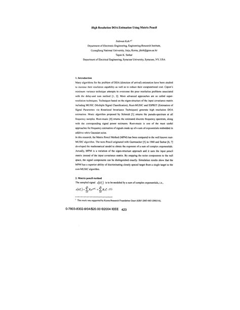 Pdf High Resolution Doa Estimation Using Matrix Pencil