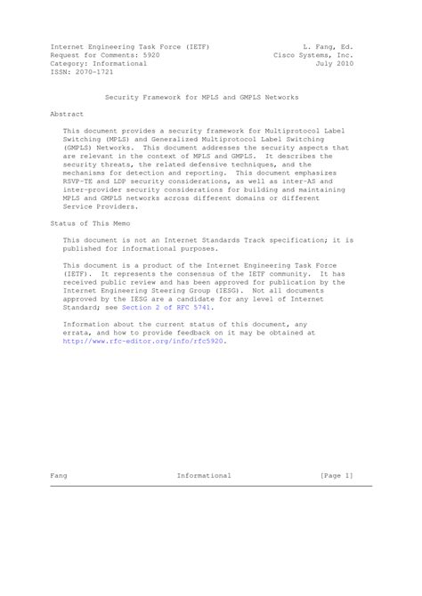 Pdf Rfc 5920 Security Framework For Mpls And Gmpls Networks