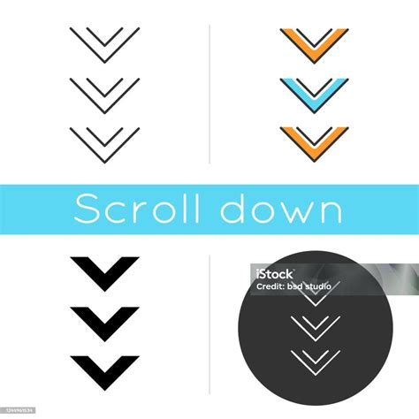 버튼 아이콘 아래로 스크롤합니다 모바일 앱 인터페이스에 대한 세 개의 아래쪽 화살표 프로세스 표시기 다운로드 스크롤 다운 웹