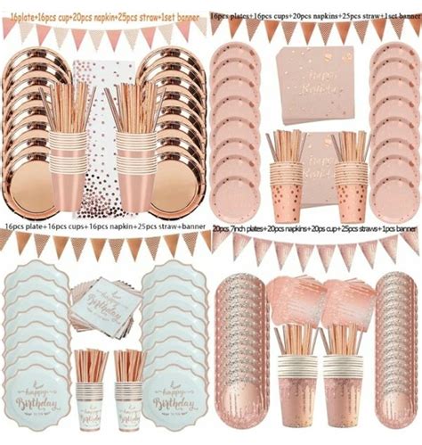 로즈 골드 생일 축하 프린트 도트 일회용 식기 세트 종이 접시 컵 파티 장식 소녀 키즈 베이비 샤워 티몬