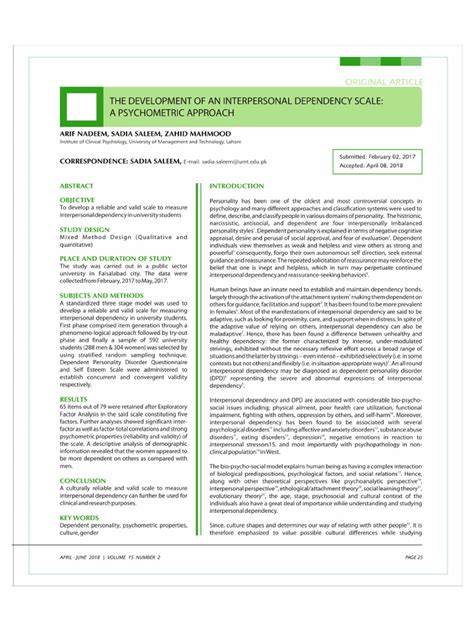 15337160999899 The Development Of An Interpersonal Dependency Scale A Psychometric Approach Pdf