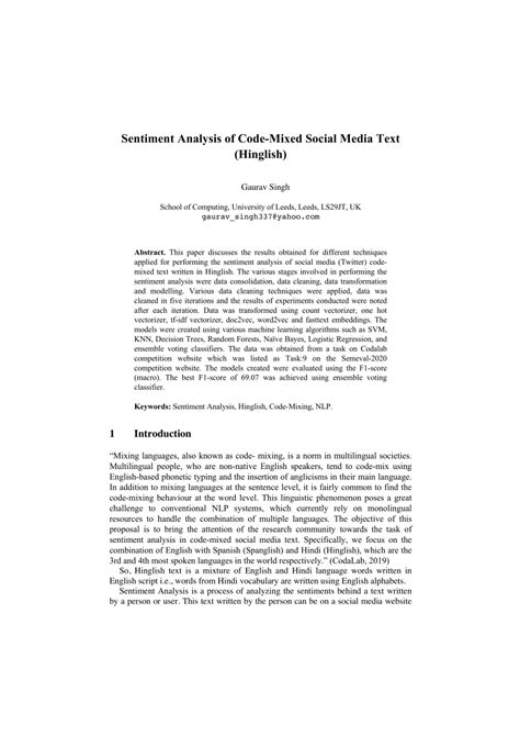 Pdf Sentiment Analysis Of Code Mixed Social Media Text Hinglish