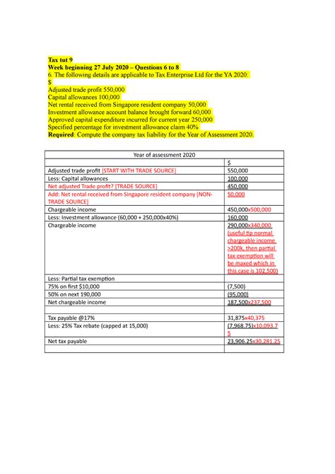 Tax Tut 9 Tutorial Answers For Taxation Tax Tut 9 Week Beginning 27 July 2020 Questions 6