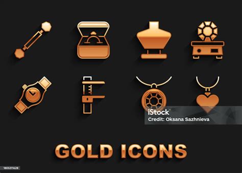 캘리퍼스 또는 캘리퍼스 및 스케일 보석 스톤 하트 모양의 펜던트 펜던트 목걸이 손목 시계 마네킹 피어싱 및 다이아몬드 약혼 반지 상자 아이콘과 목걸이를 설정합니다 벡터 0