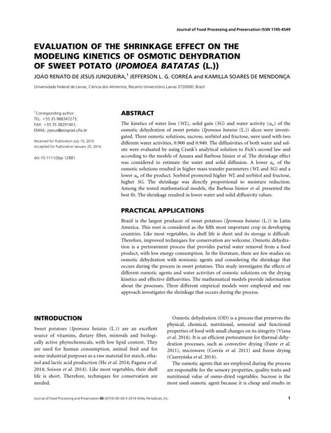 Pdf Evaluation Of The Shrinkage Effect On The Modeling Kinetics Of Osmotic Dehydration Of