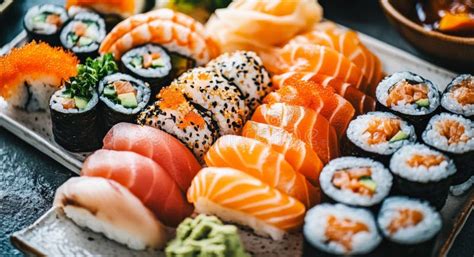 Close Up View Of A Sushi Platter With Assorted Rolls Nigiri And