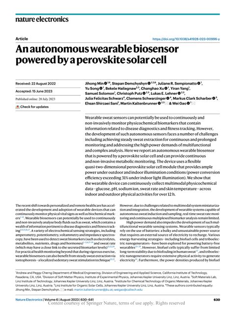 An Autonomous Wearable Biosensor Powered By A Perovskite Solar Cell Request Pdf
