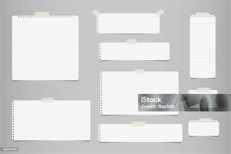 백색 줄무늬 노트 노트북 종이 메시지 또는 텍스트 회색 배경에 스티커 테이프와 함께 붙어 메모장에 대한 스톡 벡터 아트 및 기타