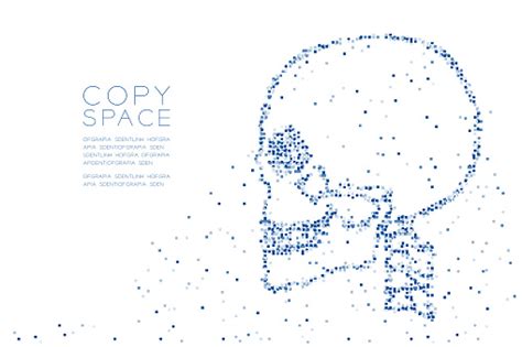 개요 기 광장 상자 픽셀 패턴 두개골 측면 보기 모양 의료 과학 개념 디자인 파란색 그림 복사 공간 벡터 Eps 10 흰색