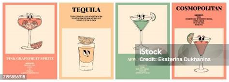 인기 알코올 칵테일의 그루비한 캐릭터 펑키한 음료와 그 재료로 설정된 복고풍 포스터 70 년대 80 년대 스타일의 벡터 일러스트 레이 션 가공의 인물에 대한 스톡 벡터 아트