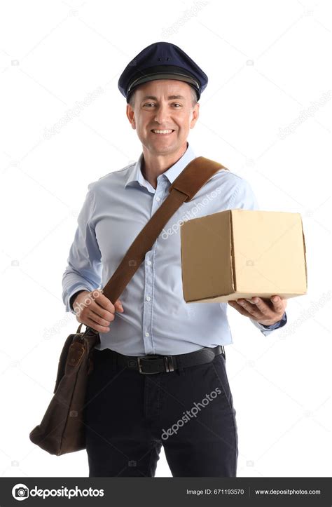 Mature Postman Parcel White Background Stock Photo Serezniy