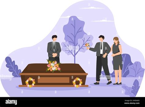 Funeral Ceremony Vector Illustration Of Sad People In Black Clothes Standing By A Grave With