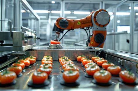 advanced robotic arm sorting fresh tomatoes in a modern food processing plant stock illustration