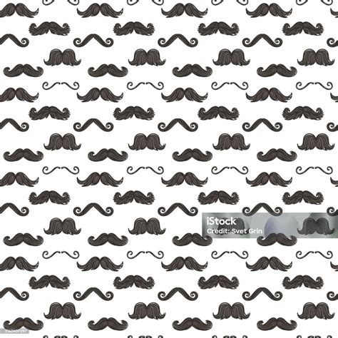 힙스터 콧수염 반점이 있는 그래픽 아이콘 패턴입니다 다양한 모양의 반점이 있는 콧수염의 큰 모음 직물과 종이에 인쇄하기 위해 반복되는 수염 세트의 질감 0명에 대한 스톡