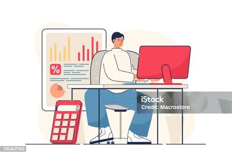 웹 배너에 대한 회계 개념입니다 금융 통계 회사 이익 또는 비즈니스 날짜를 공부하는 남자 부기장 현대 인물 장면 사람 캐릭터가있는 평면 만화 디자인의 벡터 일러스트레이션