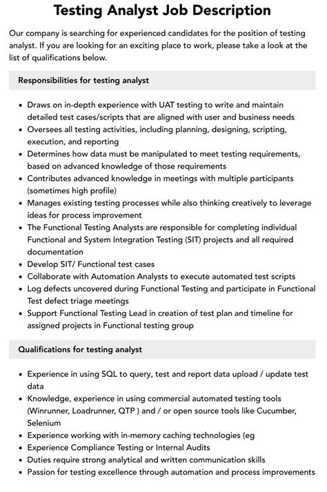Testing Analyst Job Description Velvet Jobs