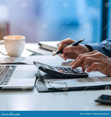 Professional Workspace With Laptop Calculator Hands Doing Calculations And Coffee Cup Stock
