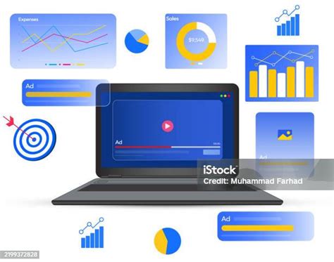 디지털 광고 및 수익 분석 인포그래픽이 흰색 배경과 함께 열린 노트북 화면 주위에 떠 있습니다 광고 전환 캠페인 마케팅 배경 개념에 대한 스톡 벡터 아트 및 기타 이미지