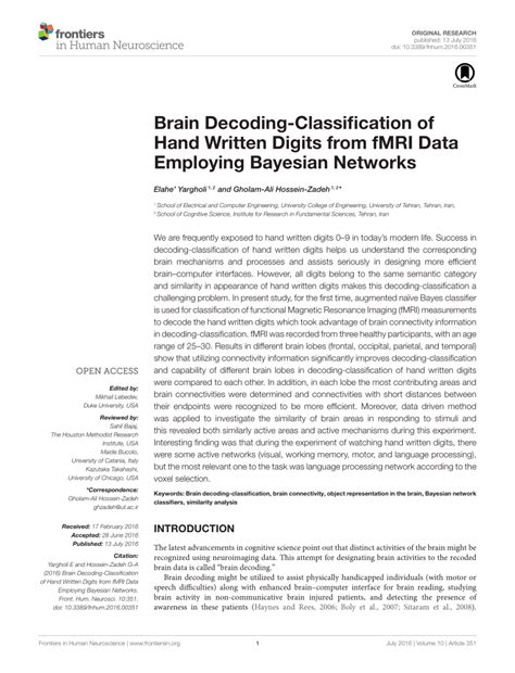 Pdf Brain Decoding Classification Of Hand Written Digits From Fmri Data Employing Bayesian