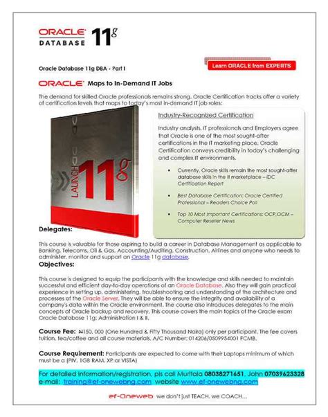 Oracle 11g Database Training Affordable Timely Result Oriented Certification And Training