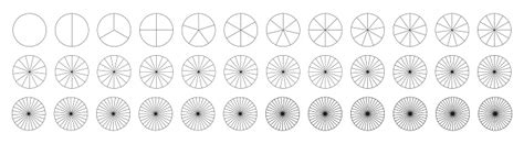 세분화된 인포그래픽 차트 모음 많은 수의 섹터가 동일한 부분으로 원을 나눕니다 파이 피자 차트 세트입니다 1에서 36까지의 프리젠테이션 템플릿 요소 다이어그램 휠 부품 분수