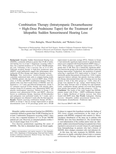 Pdf Combination Therapy Intratympanic Dexamethasone High Dose Prednisone Taper For The