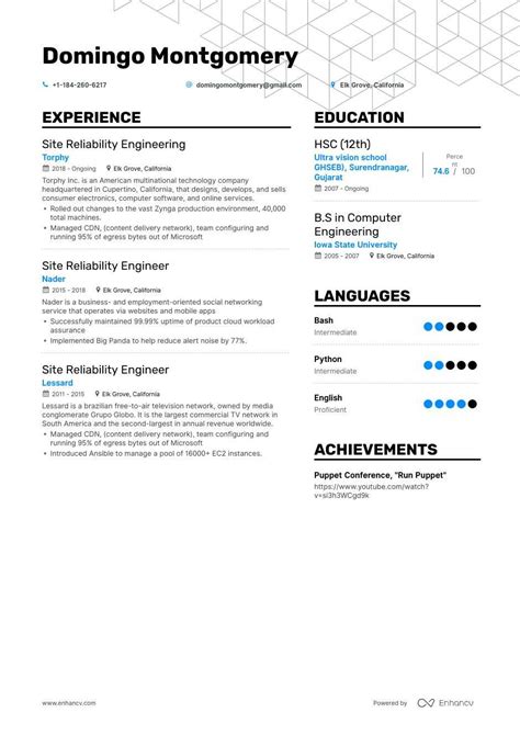 Top Site Reliability Engineer Resume Examples Samples For 2020 Enhancv Com
