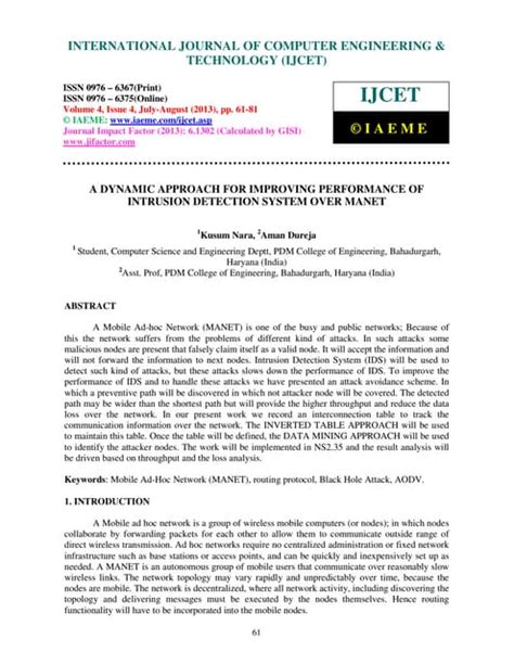 a dynamic approach for improving performance of intrusion detection system over manet pdf