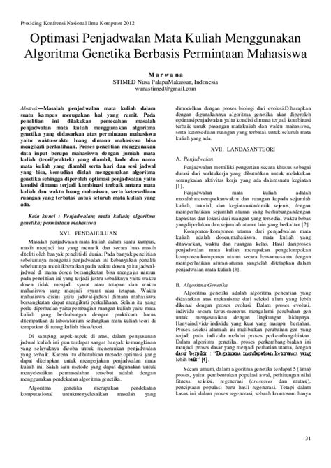 Pdf Optimasi Penjadwalan Mata Kuliah Menggunakan Algoritma Genetika Berbasis Permintaan Mahasiswa