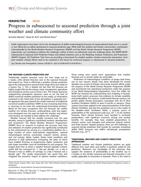 Pdf Progress In Subseasonal To Seasonal Prediction Through A Joint Weather And Climate