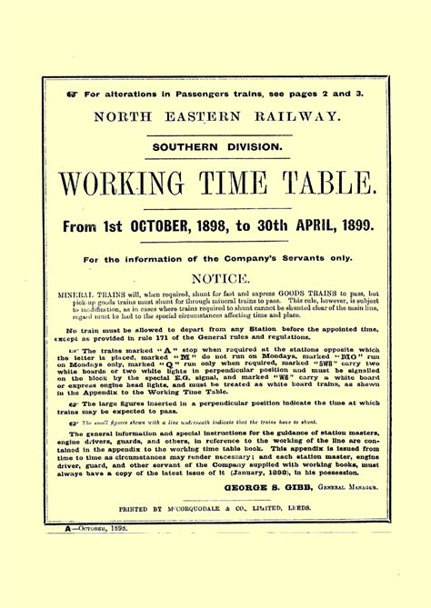 Ner Southern Division Working Timetable 1 10 1898 30 4 1899 Nera