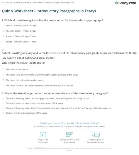 Quiz And Worksheet Introductory Paragraphs In Essays
