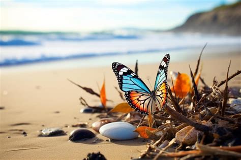 Premium Ai Image A Butterfly On The Beach With A Rock In The Background