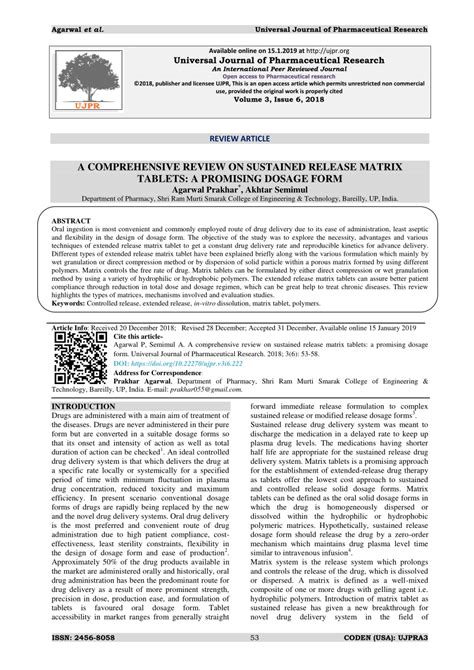 Pdf A Comprehensive Review On Sustained Release Matrix Tablets A Promising Dosage Form