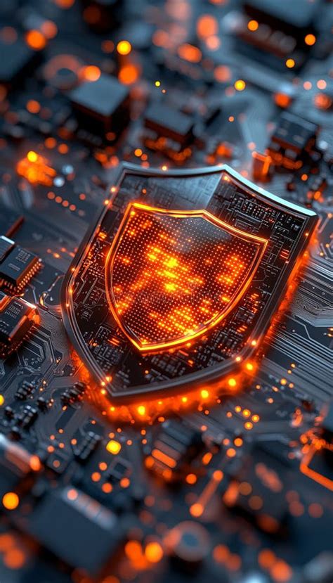Vibrant Shield Symbolizing Data Protection On Circuit Board Stock