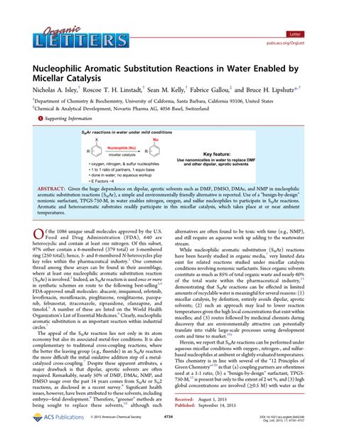 Pdf Nucleophilic Aromatic Substitution Reactions In Water Enabled By Micellar Catalysis