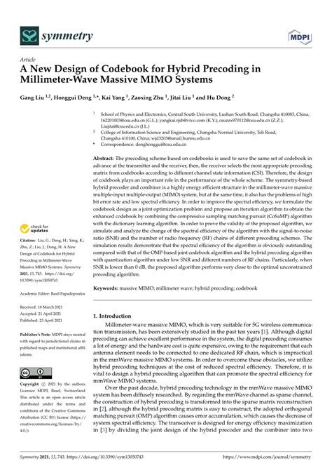 PDF A New Design Of Codebook For Hybrid Precoding In Millimeter Wave Massive MIMO Systems