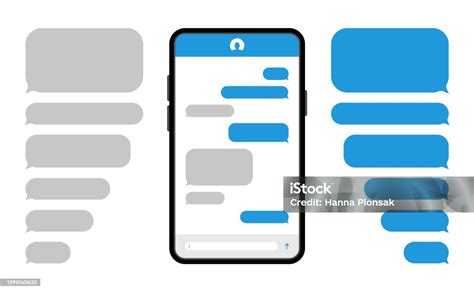 파란색 메시지 거품이있는 스마트 폰 채팅을위한 음성 거품 전화 채팅 화면 및 텍스트 Sms 메신저 인터페이스 벡터 3차원 형태에 대한 스톡 벡터 아트 및 기타 이미지