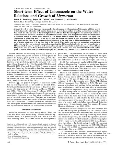 Pdf Short Term Effect Of Uniconazole On The Water Relations And Growth Of Ligustrum
