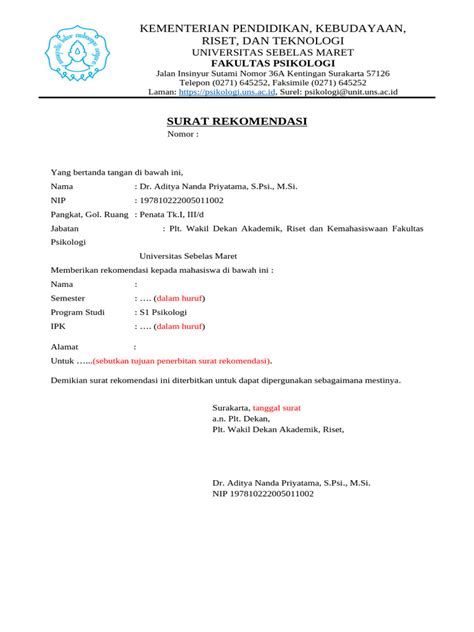 Surat Rekomendasi Fakultas Psikologi Uns Pdf