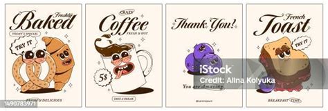 재미있는 캐릭터가 등장하는 트렌디한 포스터 신선한 페이스트리 프레첼 크루아상 프렌치 토스트 커피 블루베리 카페 레스토랑 바의 브랜딩 마스코트 벡터 그림입니다 복고풍에 대한