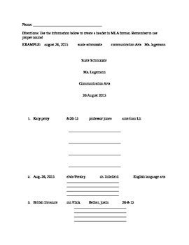 MLA Header Practice By Hillari Lagemann TPT