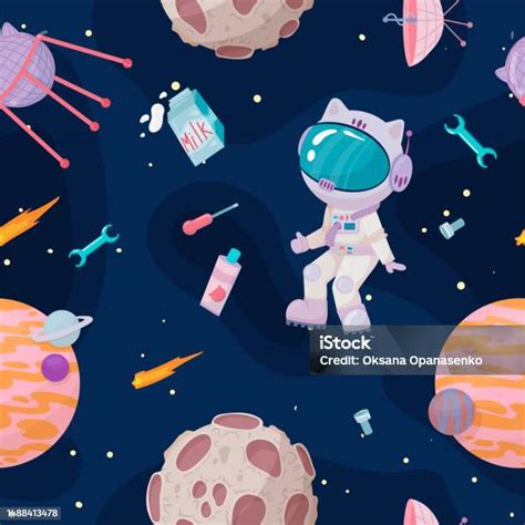 우주 공간의 우주 비행사 Ufo 우주선 로켓 태양계 은하계 여행 은하 행성 소행성 혜성 별똥별 흰색 배경에 만화 스타일의 벡터