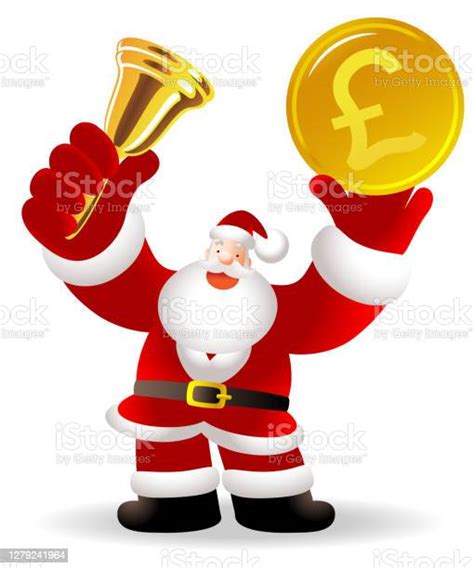 산타 클로스는 금종을 울리고 영국 파운드 통화를 보여주고있다 메리 크리스마스와 새해 인사말 벨에 대한 스톡 벡터 아트 및 기타 이미지 Istock
