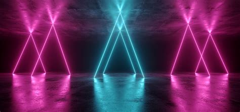 공상 과학 소설 미래 네온 조명 삼각형 모양 의 활기찬 보라색 파란색 빛나는 그런 지 콘크리트 바닥 천장 지하 차고 터널 복도 어두운 빈 가상 3d 렌더링 0명에 대한 스톡