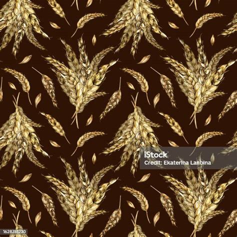 밀 귀 뭉치 수채화 매끄러운 패턴은 검은 배경에 분리되어 있다 호밀 보리 곡물의 작은 이삭이 손으로 그렸습니다 섬유 종이 포장 라벨 식료품 베이커리 포장을 위한 디자인 요소