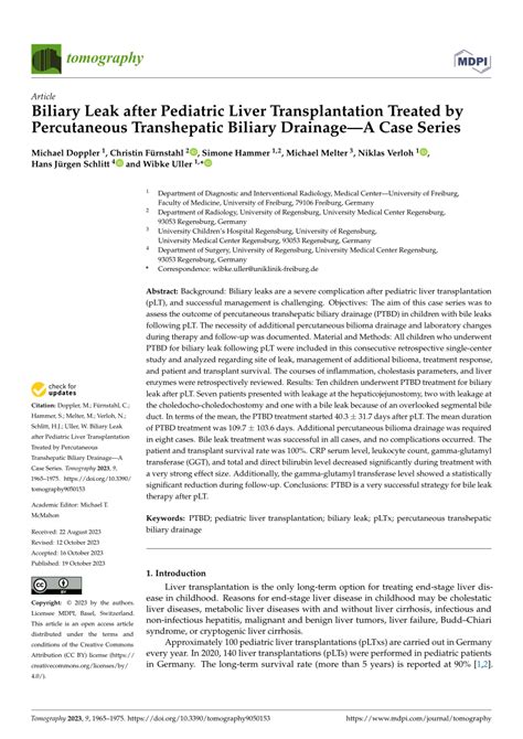Pdf Biliary Leak After Pediatric Liver Transplantation Treated By Percutaneous Transhepatic